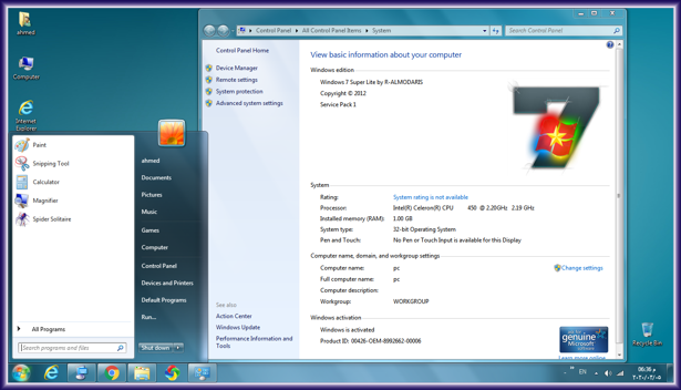 ويندوز 7 للاجهزة الضعيفة اخف نسخة للاجهزة الضعيفة وبحجم صغير جداً Win 7 SP1 Super Lite X86